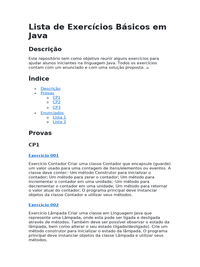 Lista De Exercícios Básicos Em Java Pdf Classe Programação De