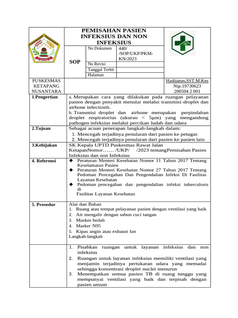 Sop Pemisahan Pasien Infeksi Dan Non | PDF