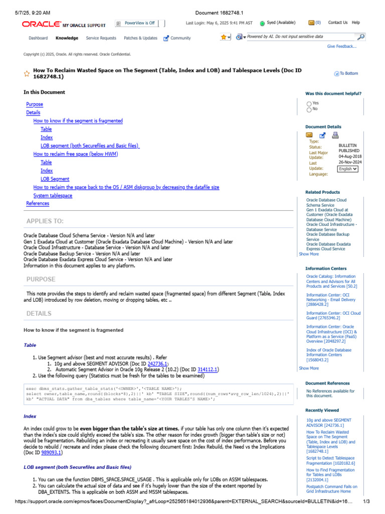 Reclaiming Fragmented Space in Oracle | PDF | Database Index | Databases