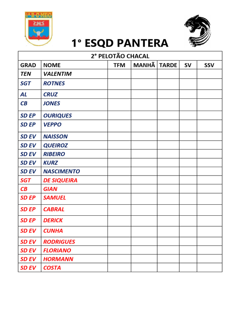 Lista de Integrantes do 1° Esqd Pantera | PDF