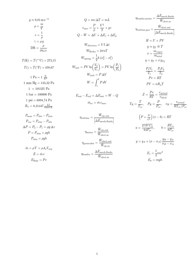 Fluid Mechanics and Thermodynamics Equations | PDF