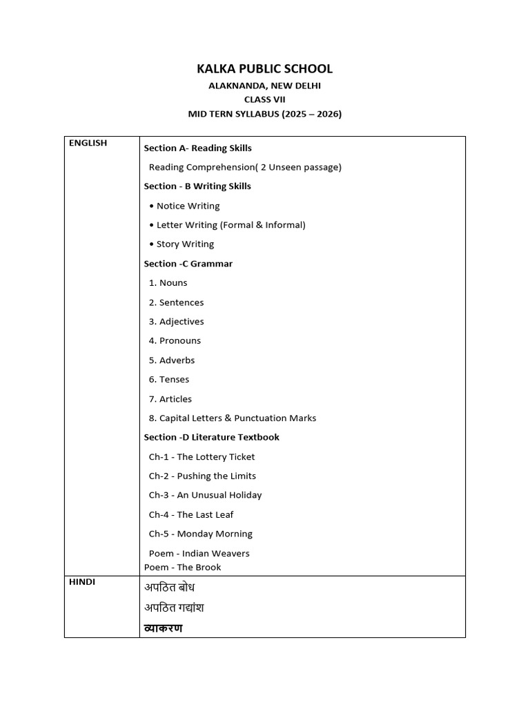 Class 7 Mid Term Syllabus | PDF | Linguistics | Languages