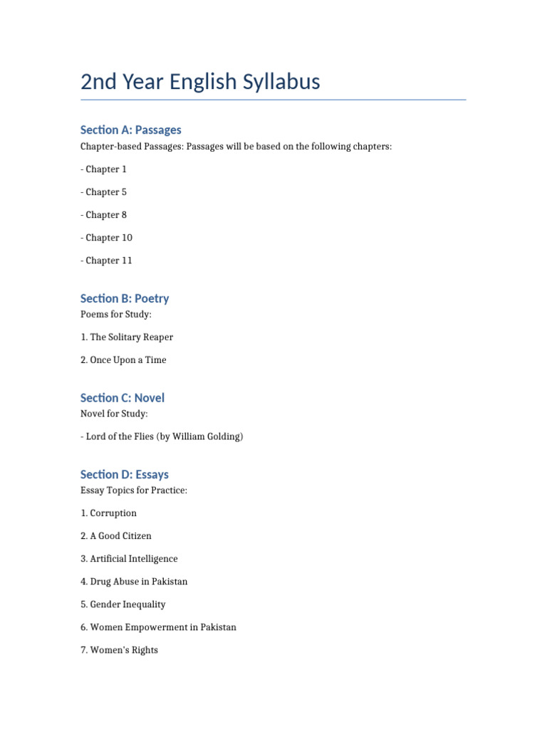 2nd Year English Syllabus Overview | PDF