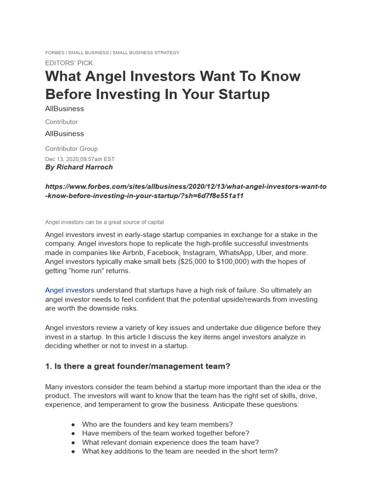Forbes - Angel Investment Checklist | PDF | Startup Company | Small ...