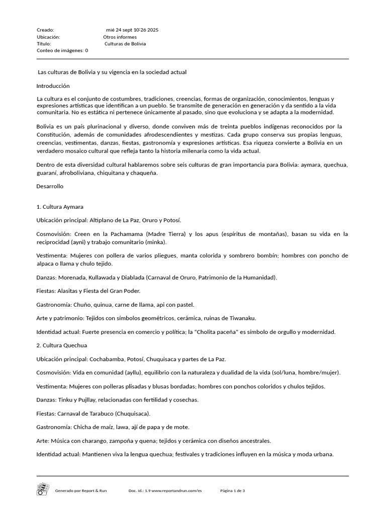 Culturas de Bolivia - 1x1s | PDF | Bolivia | Turismo