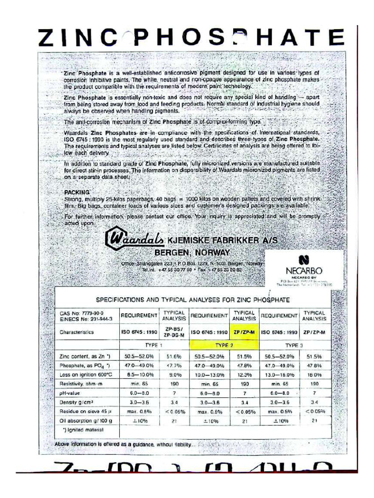 Fosfato de Zinc ZP-M Tipo 2 - Waardals Kjemiske Frabrikker As | PDF