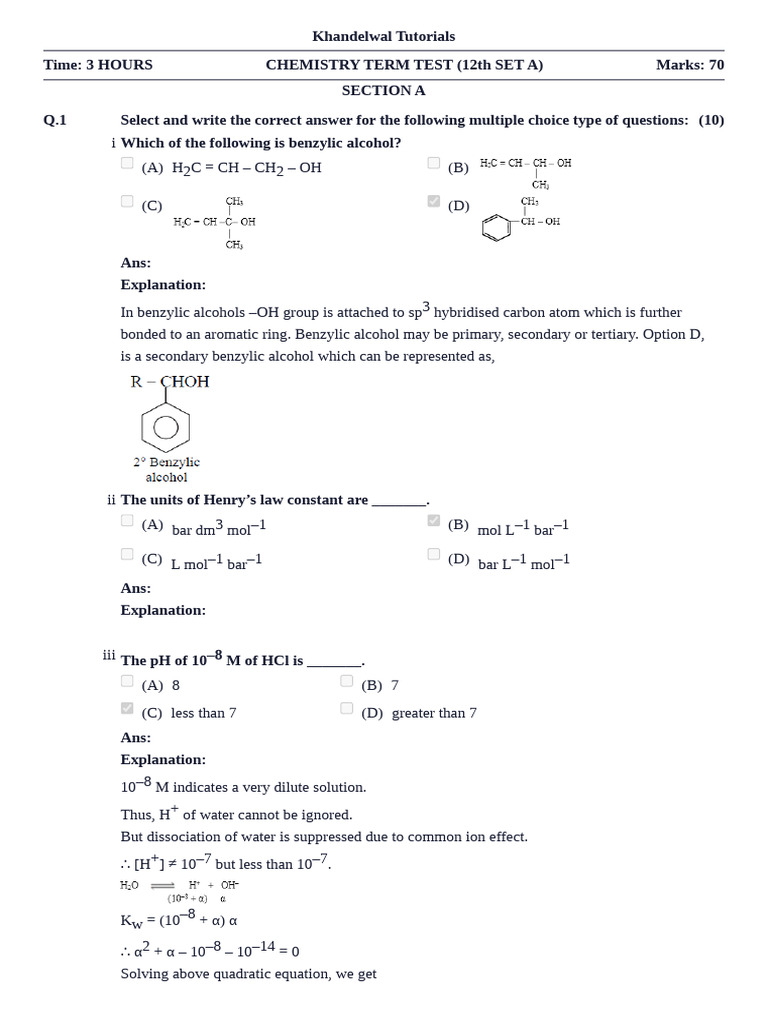 12th Grade Chemistry Term Test Set A | PDF | Aldehyde | Chemical Reactions