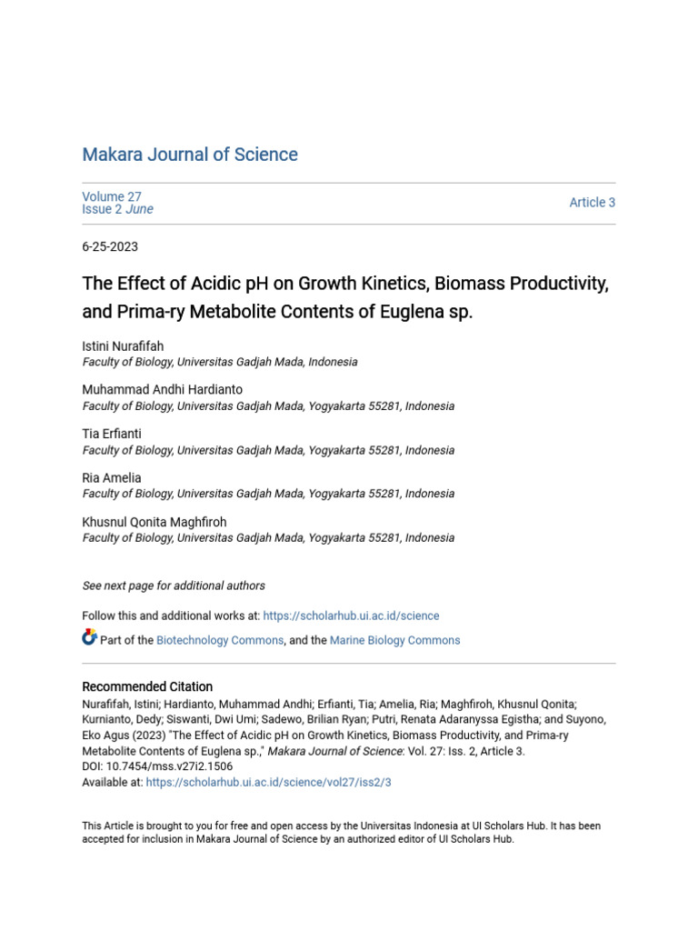 The Effect of Acidic PH On Growth Kinetics Biomass Productivity | PDF ...