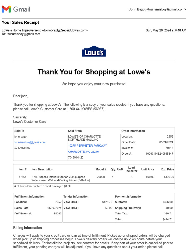 Lowes Receipt - Primer 05262024 | PDF | Receipt | Payments