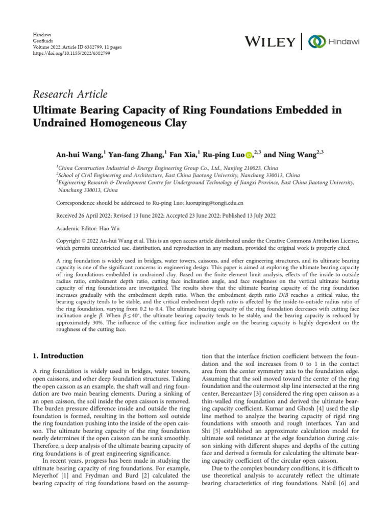 Ultimate Bearing Capacity of Ring Foundations Embedded in Undrained ...