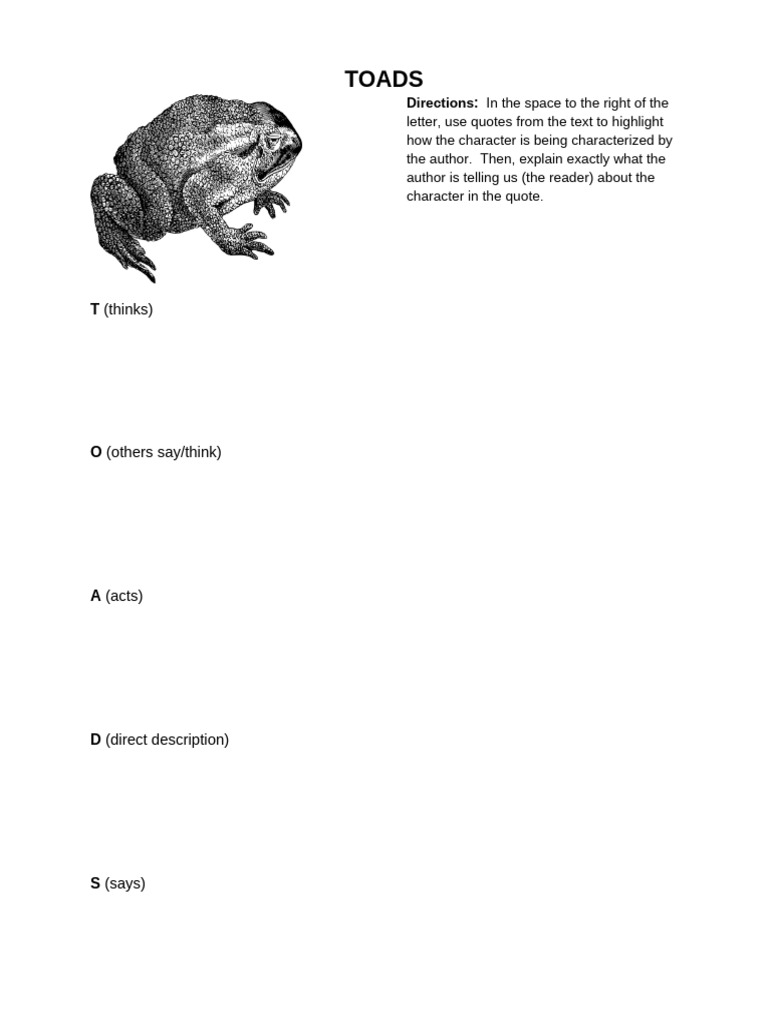 TOADS Character Analysis Worksheet (1) - 4362 | PDF