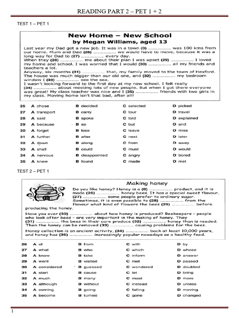 Reading Part 2 Pet 1 2 Pdf