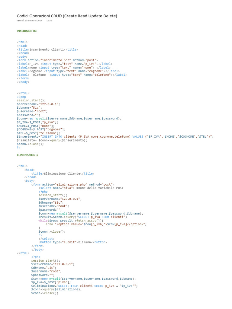Codici Operazioni CRUD (Create Read Update Delete) | PDF | Databases | Data Management
