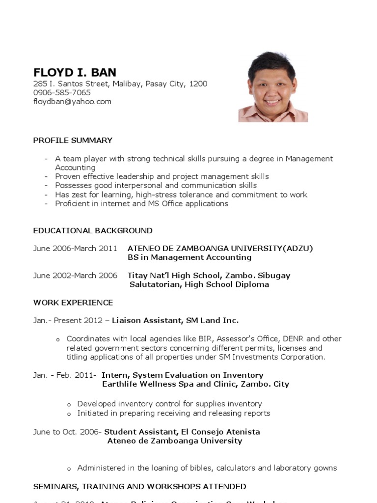 Student Resume Sample Filipino