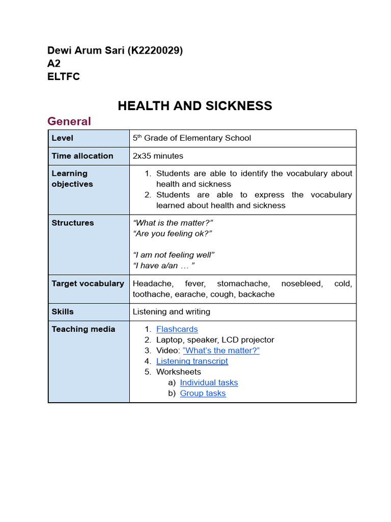 Lesson Plan Health and Sickness | PDF | Teachers | Homework