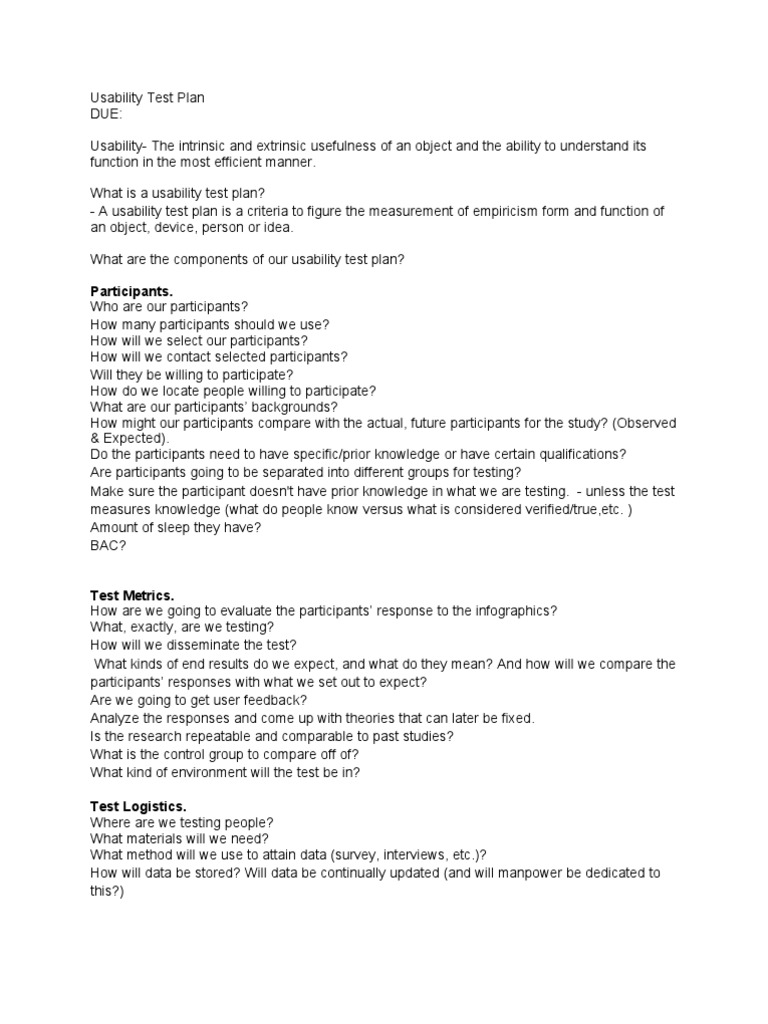 Usability Test Plan Pdf Usability Communication