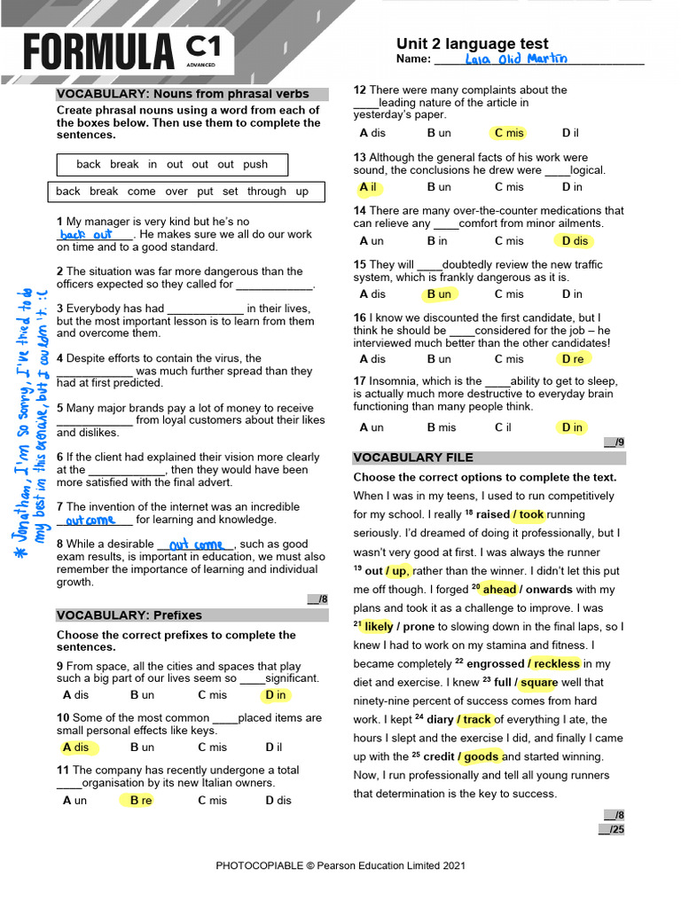 Formula C1 Unit 2 Test 2 | PDF | Linguistics | Grammar
