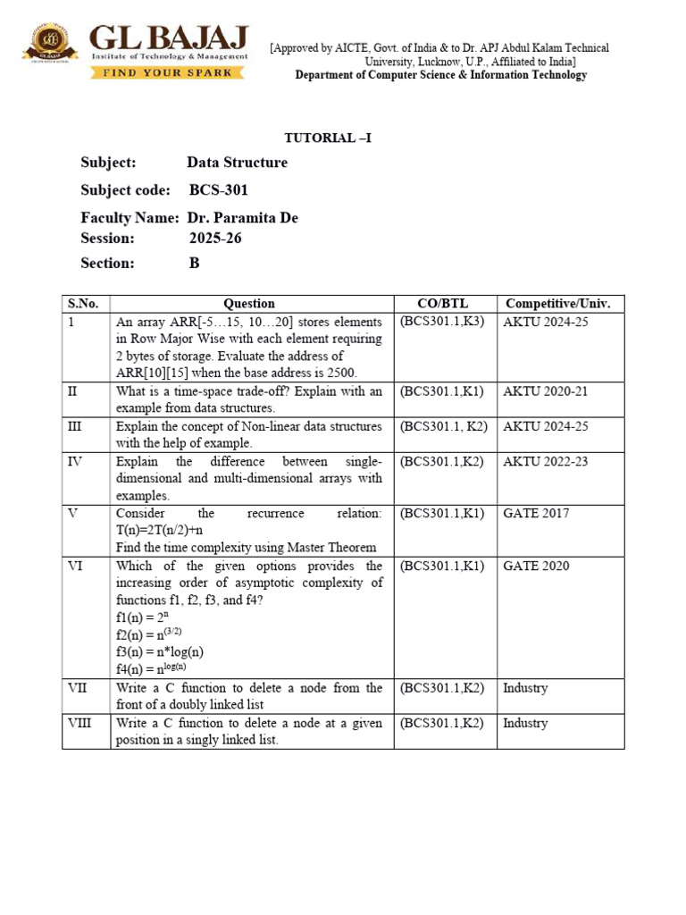 Tutorial-1-Ds - Csit-2025-26 | PDF