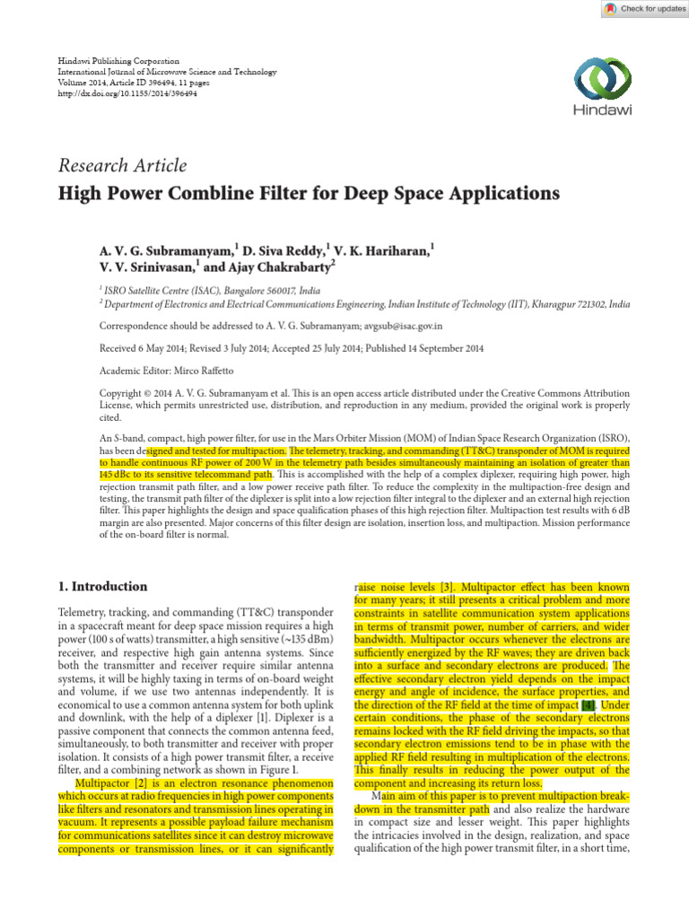 2014 - Subramanyam - High Power Combline Filter For Deep Space | PDF ...