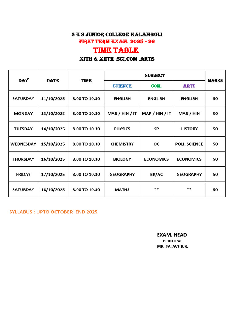 Xi Xii First Term Exam Time Table 2025 | PDF