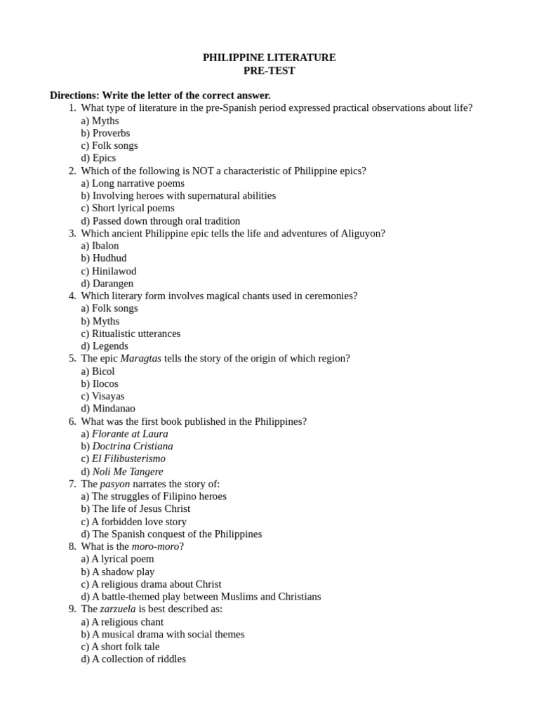 Philippine Literature Pre-Test Questions | PDF | Philippines