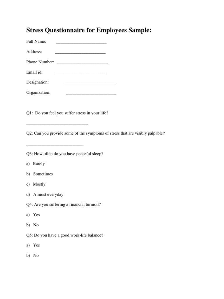 Stress Questionnaire For Employees Sample | Download Free PDF | Stress ...