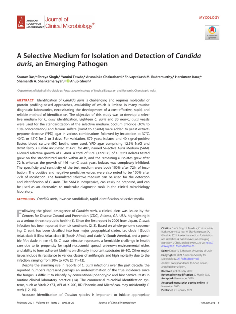Selective Medium for Isolation and Detection of Candida Auris an ...