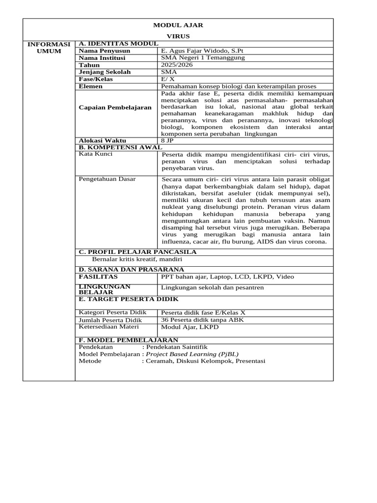 Modul Ajar Virus | PDF