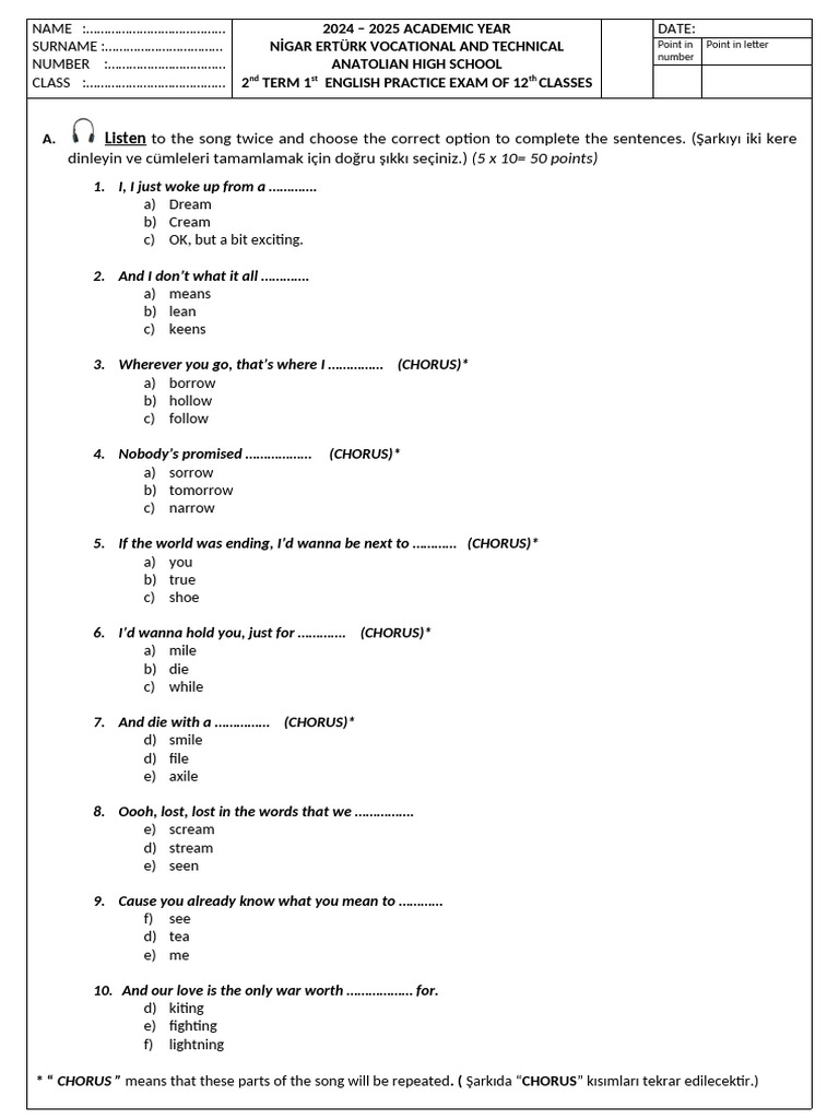 12th Class 2nd Term 1st English Practice Exam -1 | PDF | Linguistics