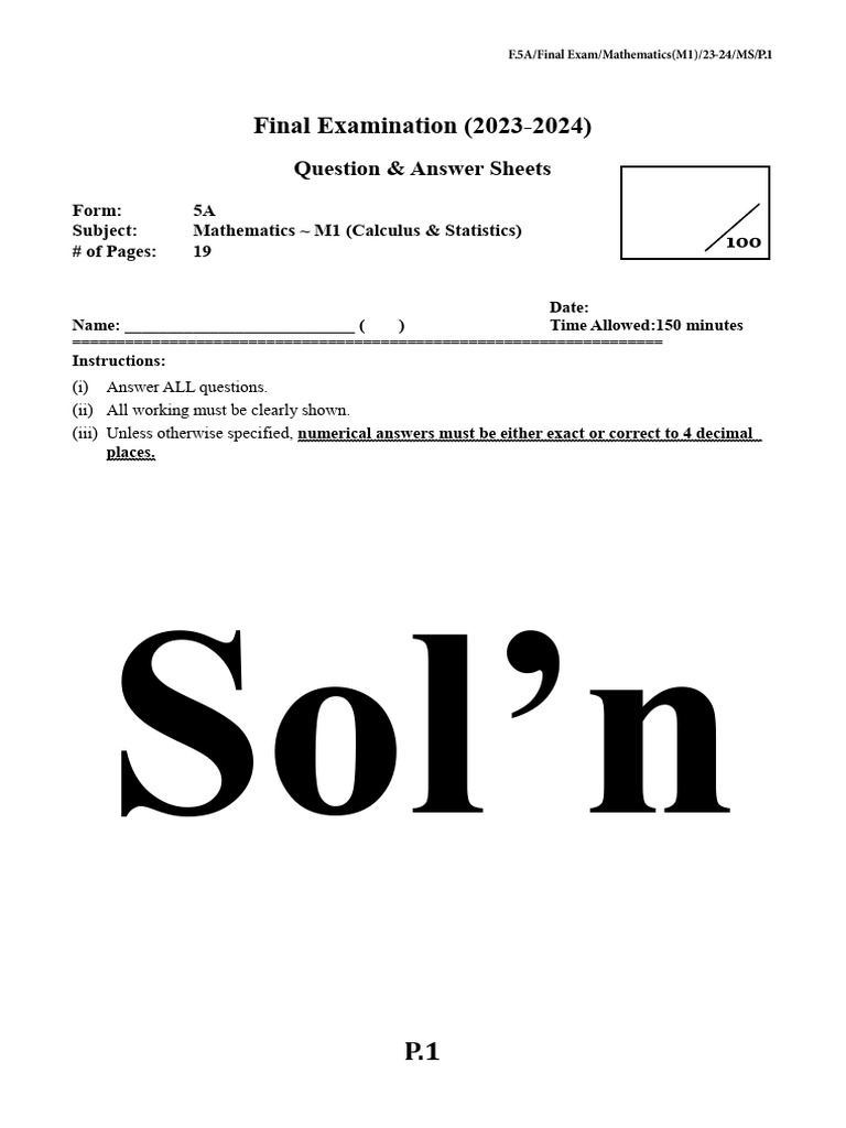 F5 Term 2 M1 Exam 2324 Sol | PDF | Tangent | Elementary Mathematics