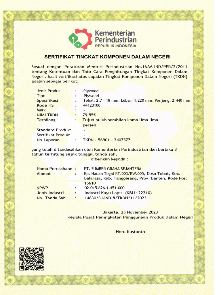 Sertifikat TKDN Plywood 79,55% | PDF