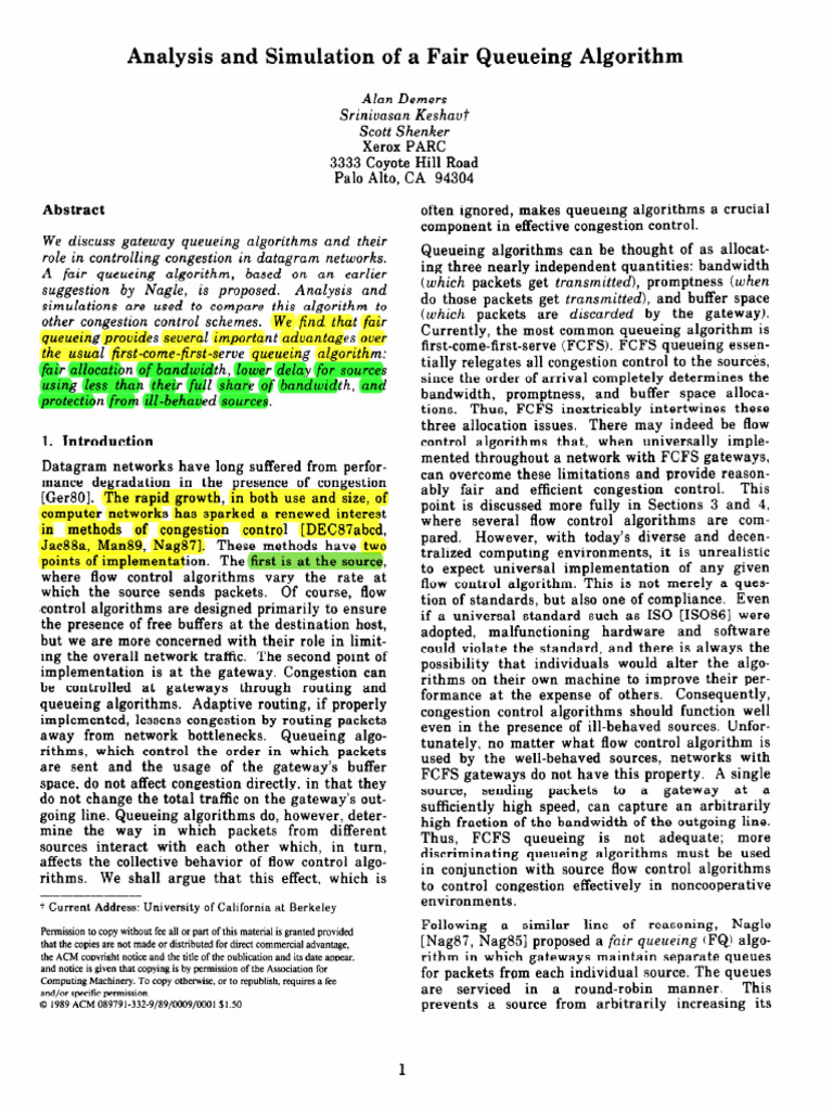 FQ1989 Analysis and Simulation of Fair Queuing Algorithm | PDF ...