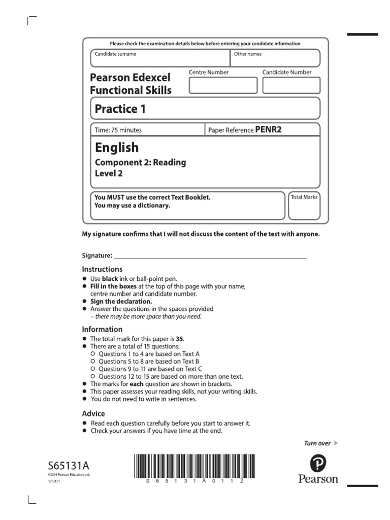FS English RL2 Practice Test 1 Answer Booklet | PDF