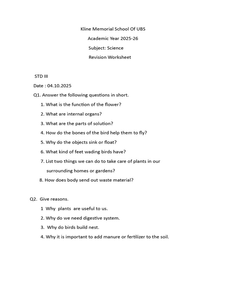STD III Science Revision Worksheet | PDF