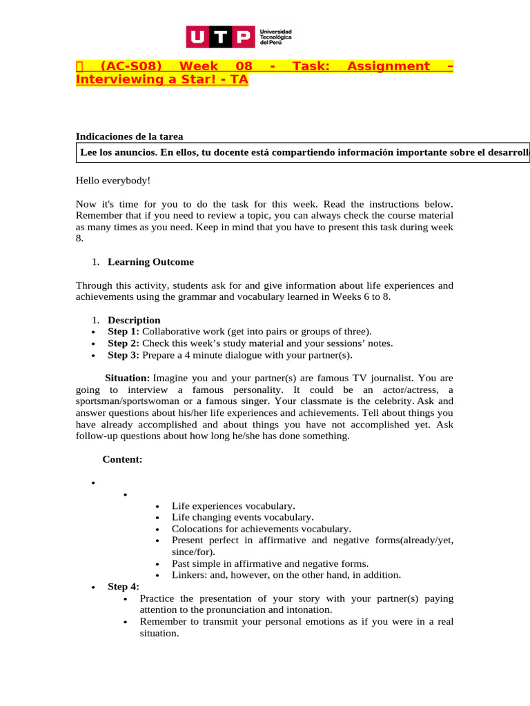? (AC-S08) Week 08 - Task Assignment - Interviewing A Star! - TA (Ingles 4) | PDF
