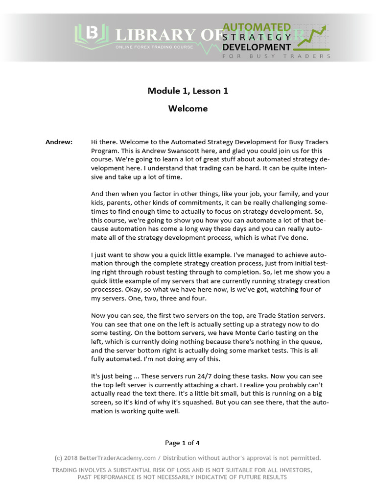 Automated Strategies Development - Lesson1.1 - Transcript | PDF | Automation | Technical Analysis