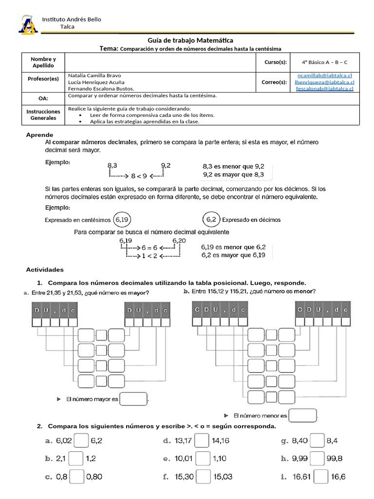 Comparar y Ordenar Números Decimales | PDF