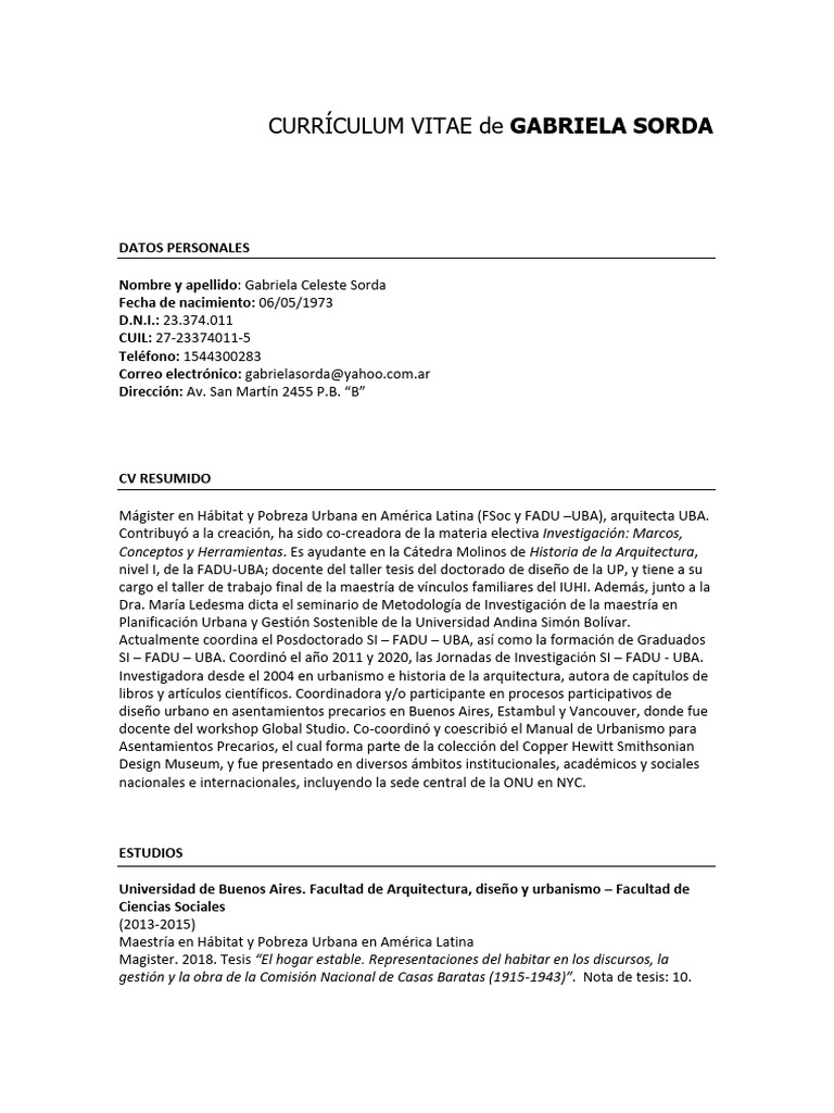 Currículum de Gabriela Sorda: Arquitecta y Docente | PDF | Buenos Aires ...