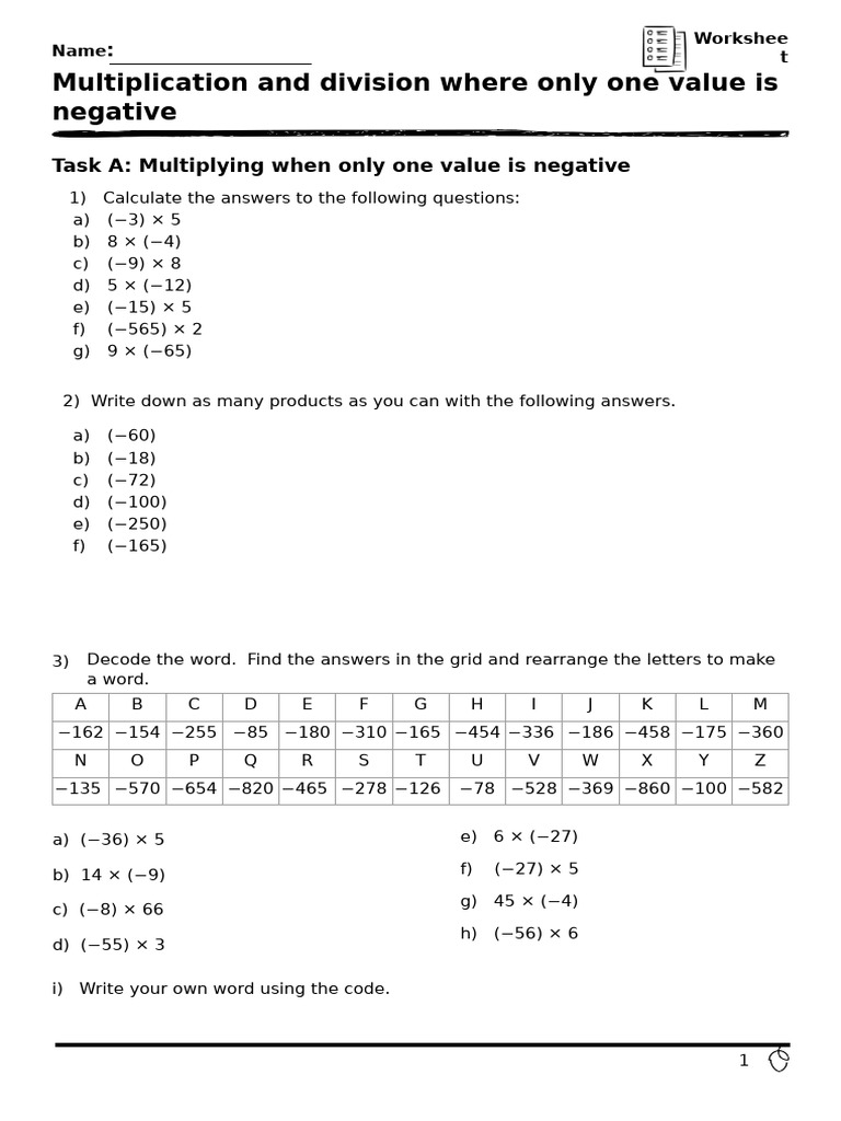 Multiplication and Division (Negative Numbers) Worksheet-Questions-2025 ...