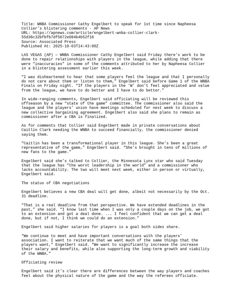 1_WNBA Commissioner Cathy Engelbert to Speak for 1st Time Since ...