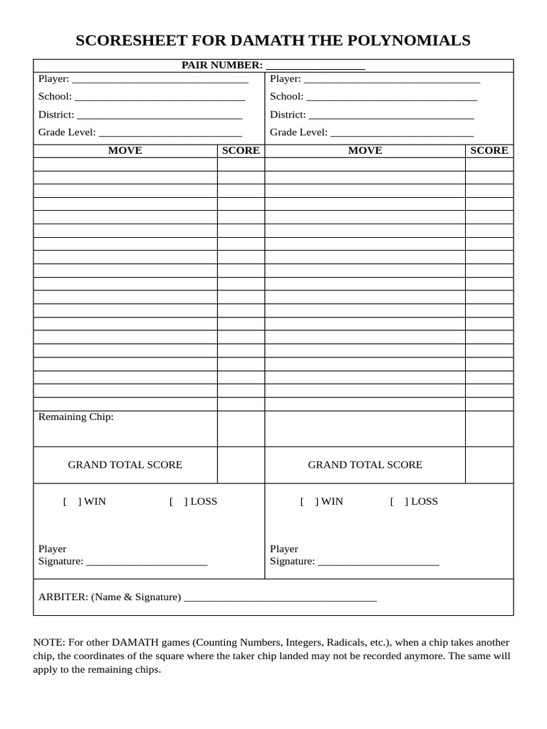 DAMATH Polynomial Score Sheet | PDF
