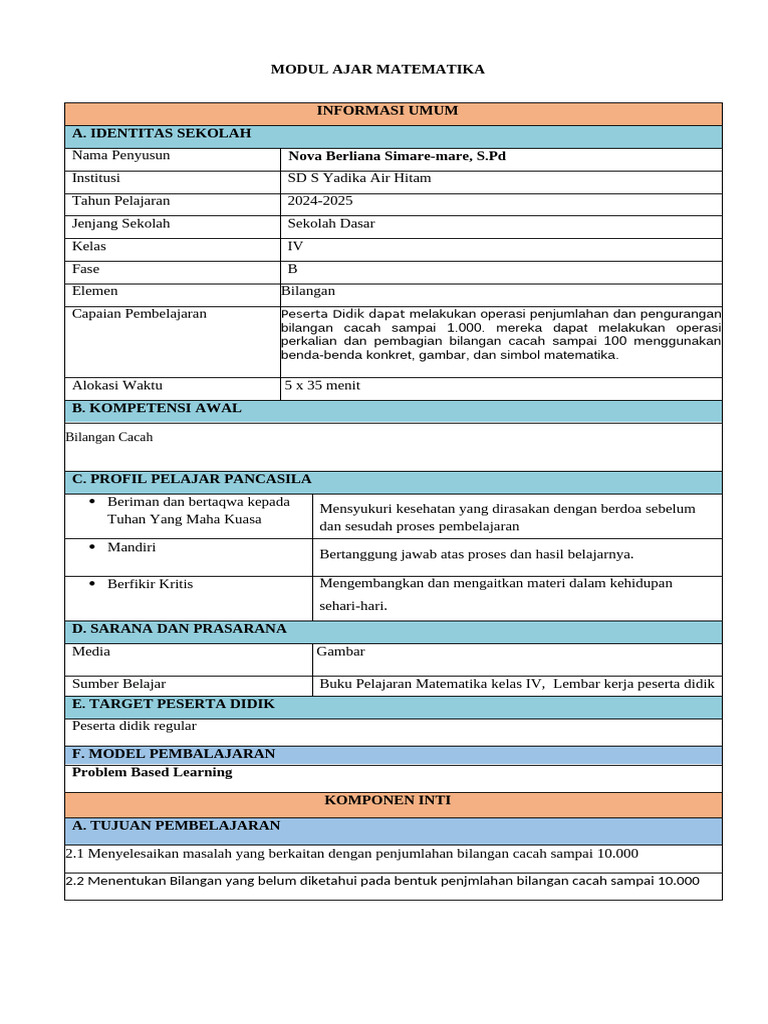MODUL AJAR MATEMATIKA Kelas 4 Soal Cerita | PDF