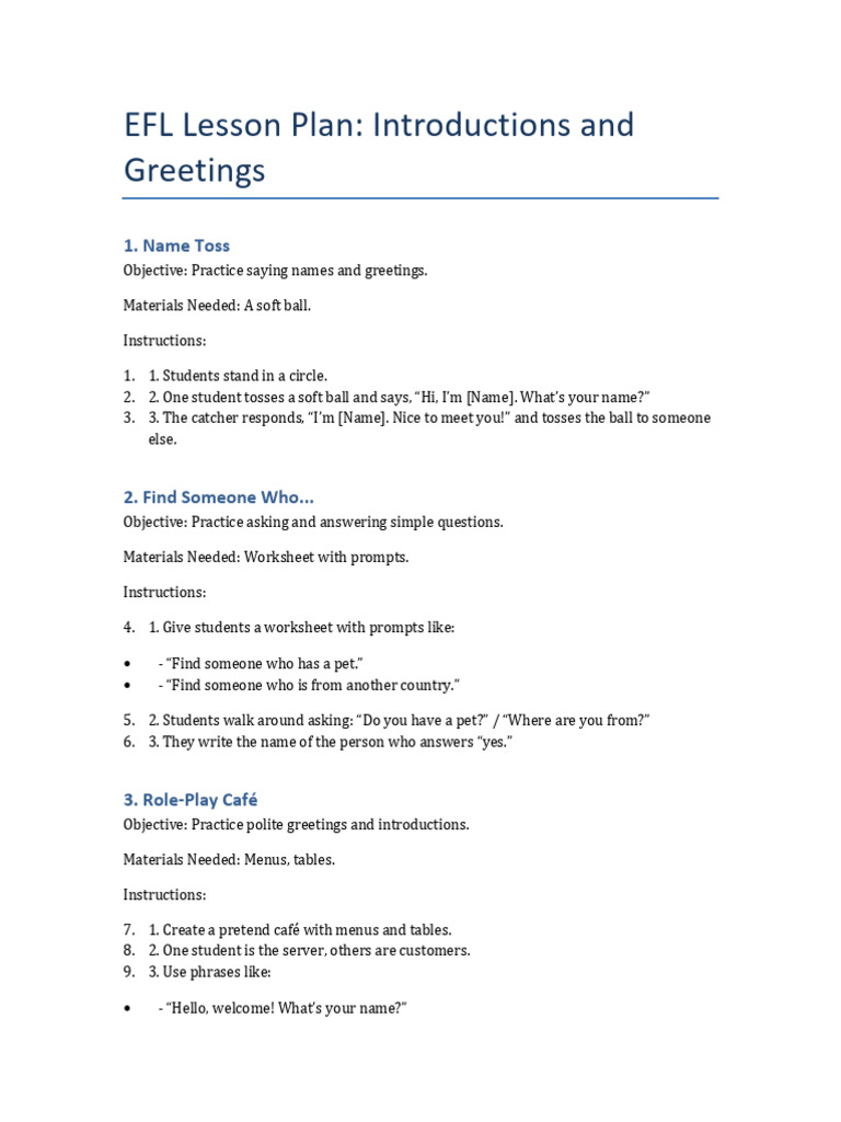 EFL Lesson Plan Introductions and Greetings | PDF