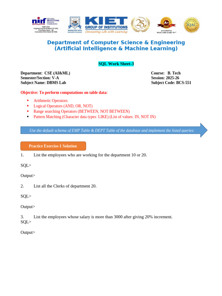 SQL Work Sheet 3 Solution 2025 26 | PDF