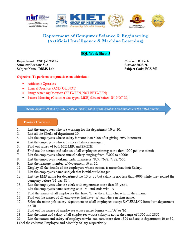 SQL Work Sheet 3 2025 26 | PDF | Databases | Computer Data