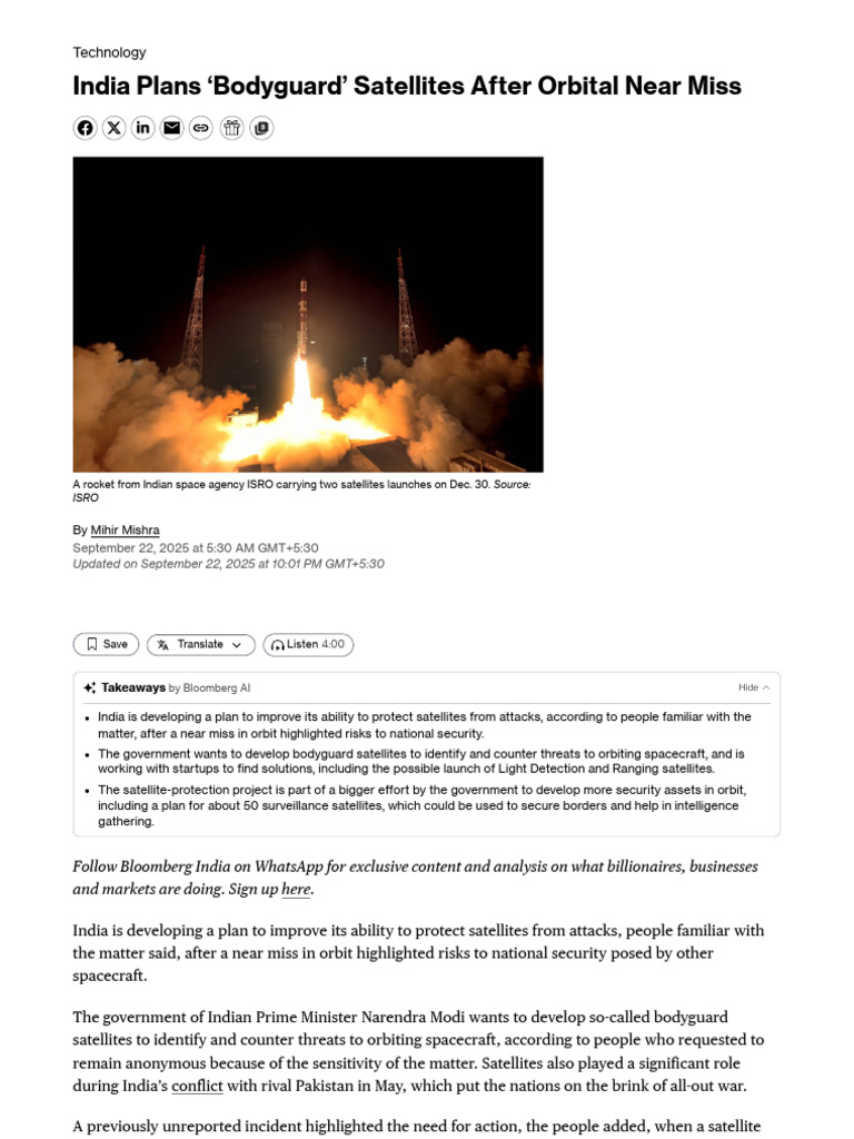 India Plans ‘Bodyguard’ Satellites After Orbital Near Miss - Bloomberg ...