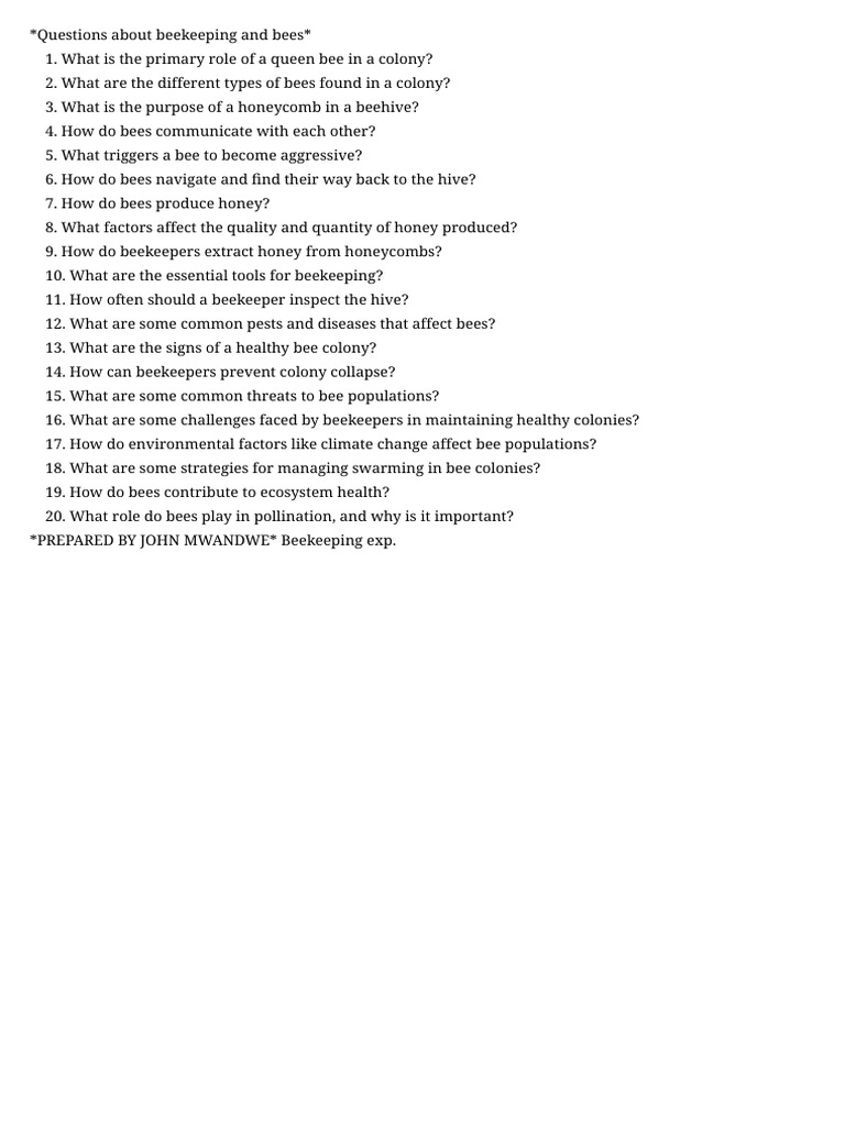 Questions (Beekeeping and Bees) | PDF