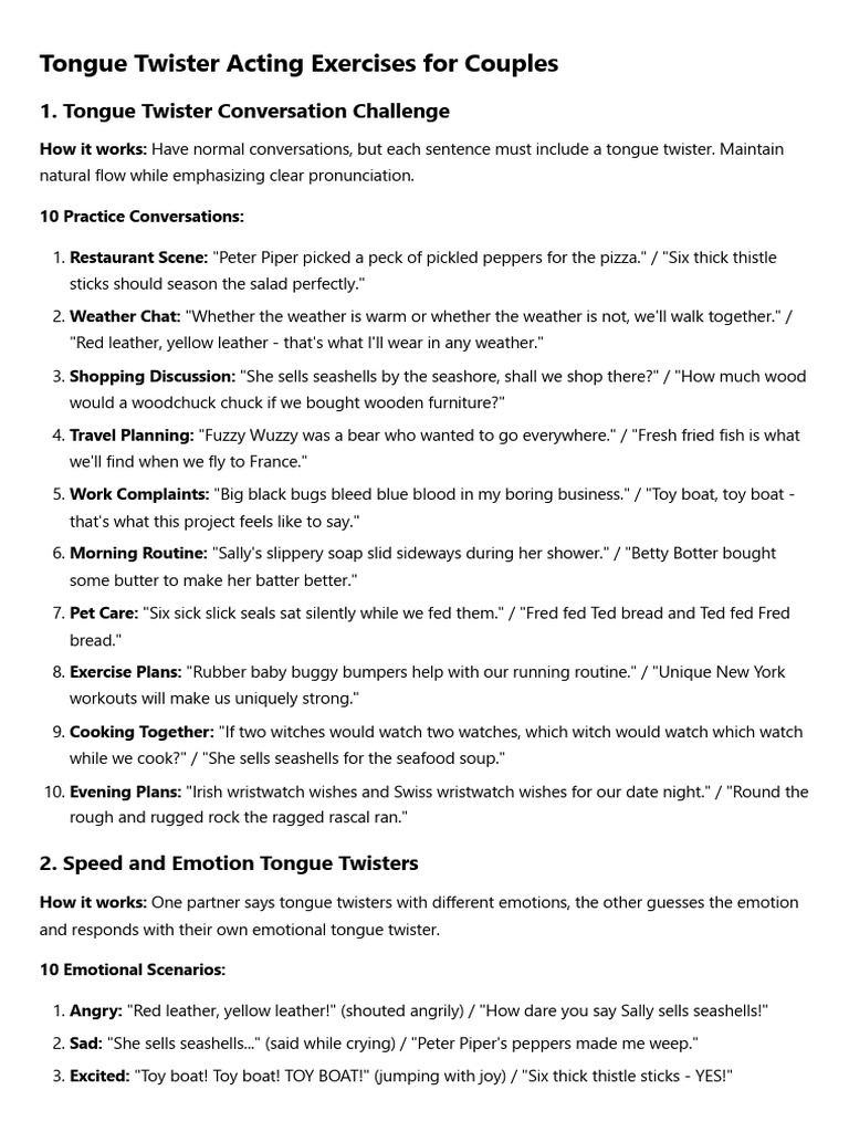 Tongue Twister Acting Exercises For Couples | PDF