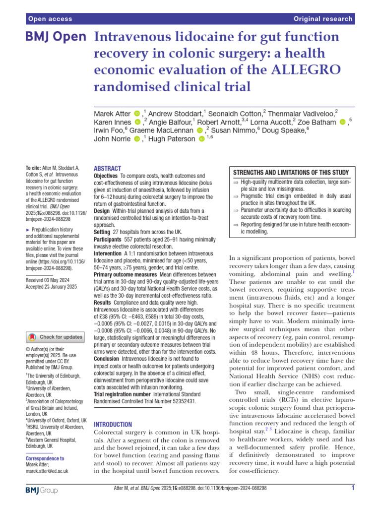 ALLEGRO Intravenous lidocaine for gut function for gut function recovery in colonic surgery ...