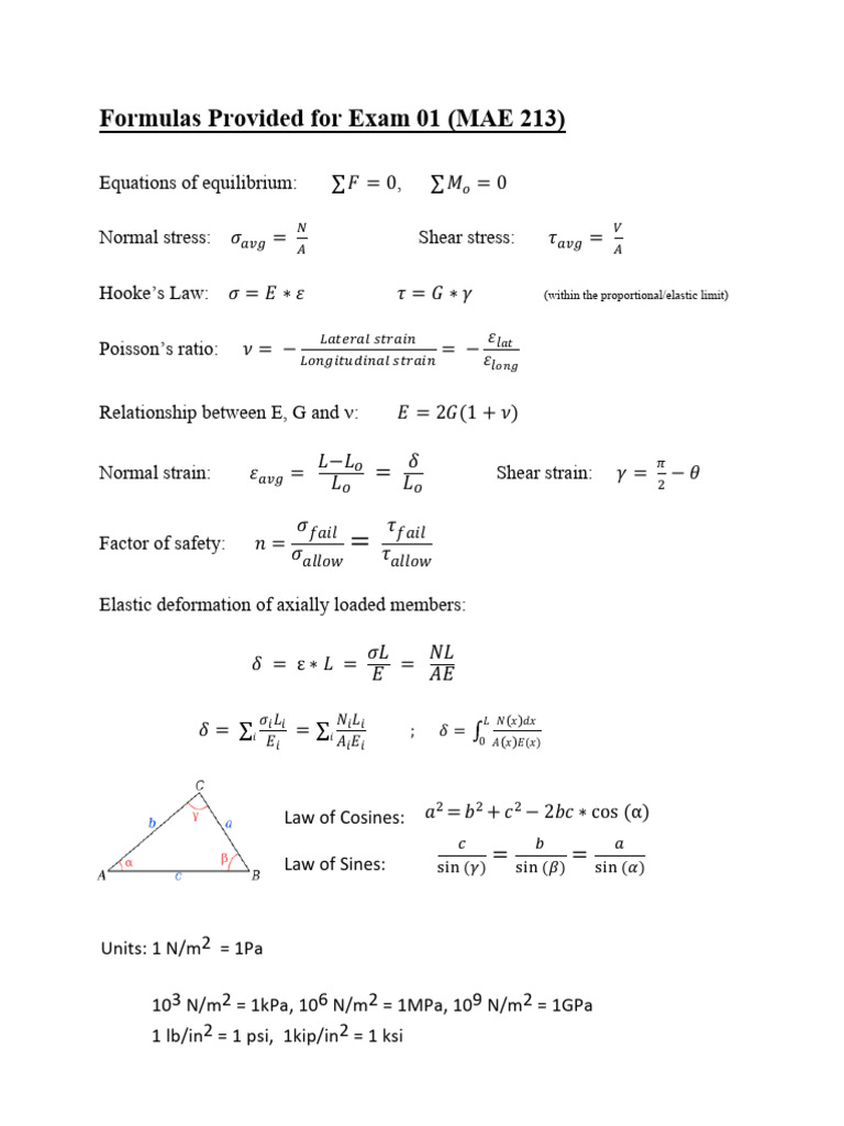 Exam 01 Formulas for MAE 213 | PDF
